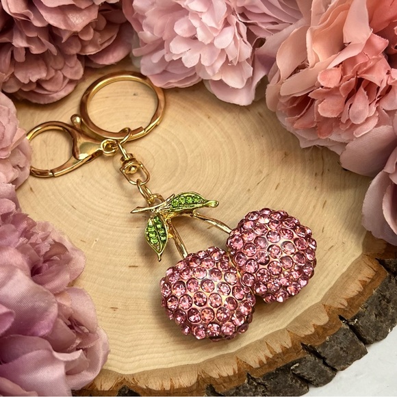 Accessories | Whimsical Pink Crystal Cherries Keychain Charm | Poshmark